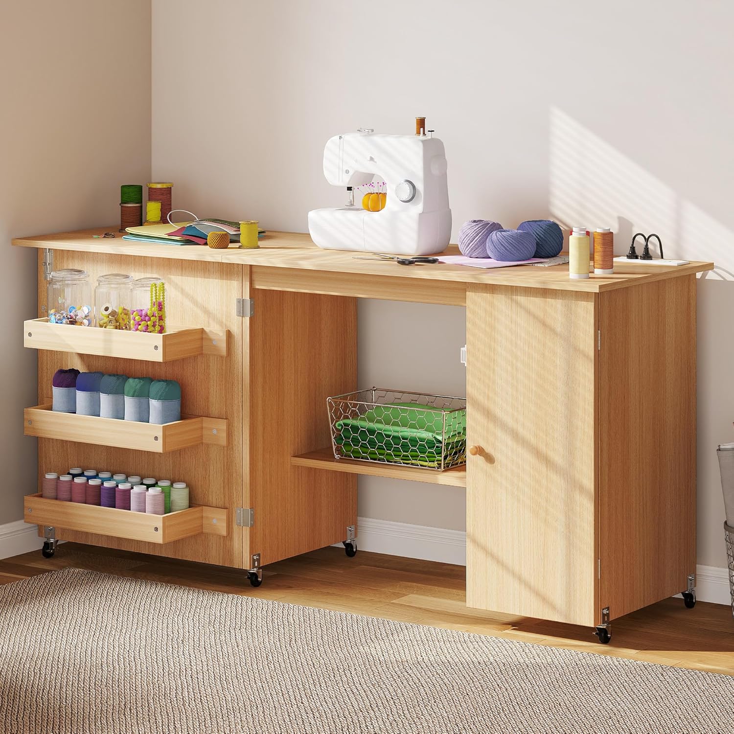 DWVO Large Folding Sewing Table with Charging Station, Multipurpose ...