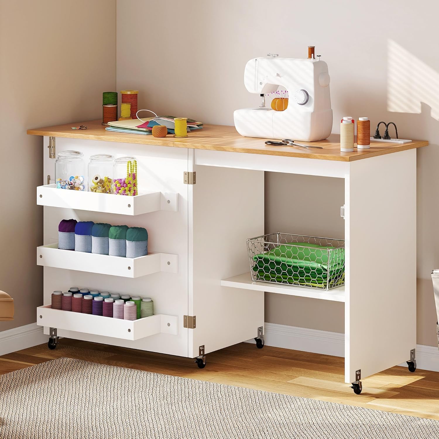 DWVO Large Folding Sewing Table with Charging Station, Multipurpose ...